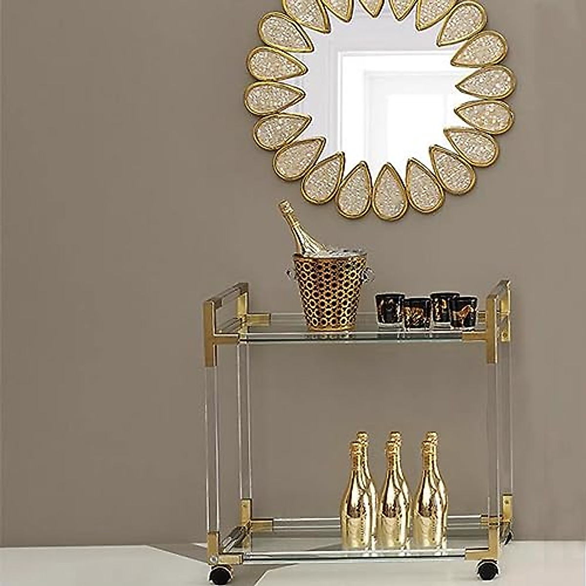 VLOBAOM Gold Bar Cart on Wheels, Clear Acrylic Serving Cart for Home, Mobile Storage Shelf, Rolling Drink Trolley for Living Room, Kitchen, Hotel,80x40x80cm,Gold