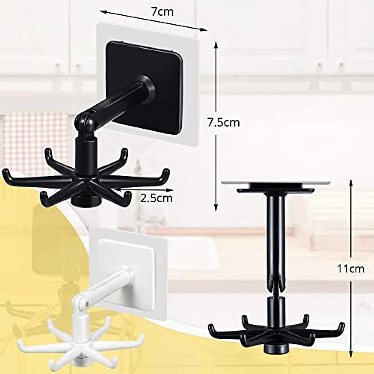 4 Pieces 360 Rotating Folding Hook Multi-purpose Hanging Utensil Holder Hook 180 Degrees Vertical Flip Self-Adhesive Hook Utensil Rack with 6 Hooks for Kitchen Bathroom Cabinet Towel (Black, White)