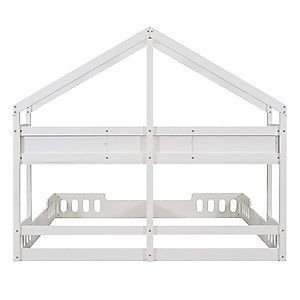 Harper & Bright Designs Twin House Bed for Kids,Wood Double Twin Beds Frame with Shelves and Guardrail, Monressori Floor Bed Two Shared Beds with Rails for Girls or Boys, Creamy White