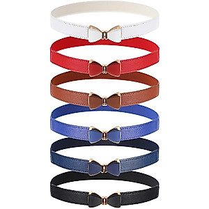 Zhanmai 6 Pieces Bow Skinny Elastic Waist Belt Faux Leather Stretchy Belt 1.18 Inch Wide Thin Belt for Dress Women, 6 Colors