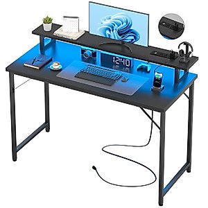 Hyomdeck Computer Desk with USB Power Outlets and LED Lights, 47 inch Gaming Desk with Monitor Stand for Small Space Home Office, Modern Simple Study Writing Table PC Desks, Black