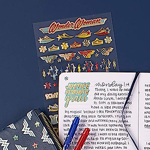 Wonder Woman x Erin Condren Designer Sticker Sheet - Classic Wonder Woman Epoxy High Gloss Stickers - 64 Stickers on Gold Foil Sheet for Customizing Planners, Notebooks, and More
