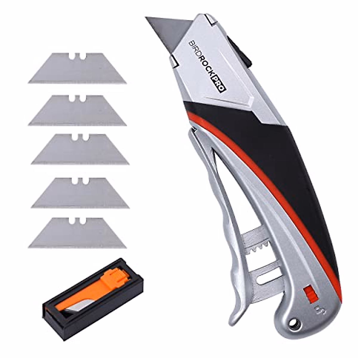 BIRDROCK HOME 1pk Professional Safety Utility Knife - Retractable - Heavy Duty Box Cutter - Safe Blade Lock - Extra Blades - Ergonomic Grip