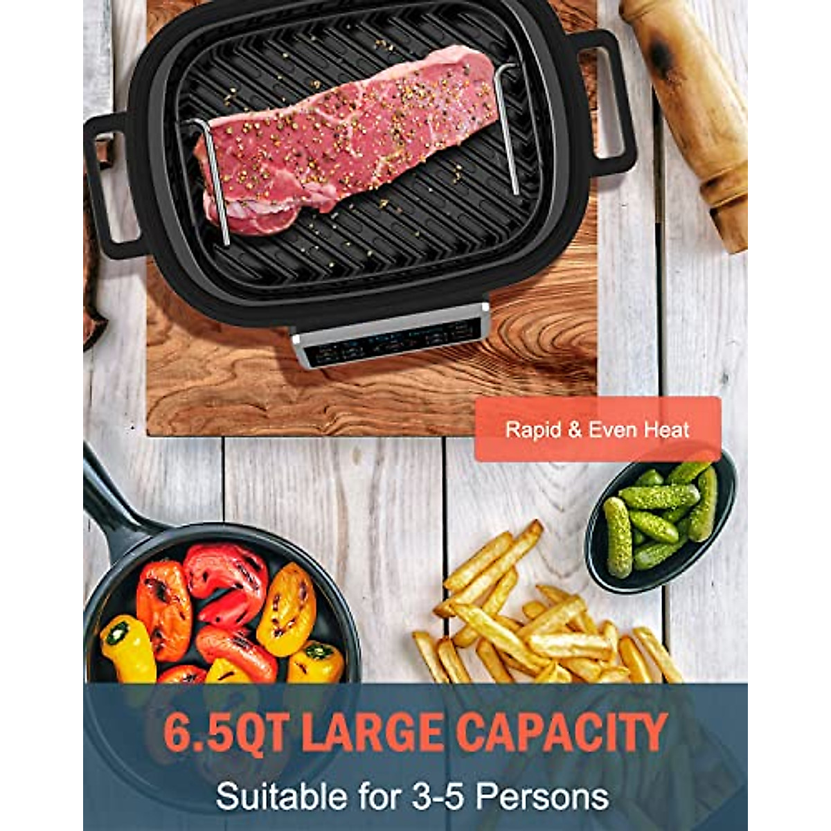 Grill and Air Fryer Combo, CATTLEMAN CUISINE 10-in-1 Indoor Electric Grill, Stainless Steel Air Fryer Grill with Air Grill, Air Fryer, Roast, Bake, Dehydrate, Beef & Fries, 6.5QT, Silver