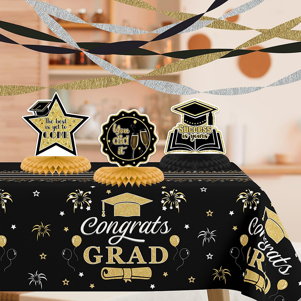 9PCS Graduation Party Decorations Class of 2024 Congrats Grad Table Centerpiece Congratulate Graduation Black and Gold Honeycomb Table Toppers for Graduation Party Supplies