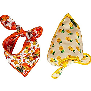 Cartisanat Dog Bandanas, 2 Pack Fruit & Pumpkin Set Triangle Reversible Pet Scarf Adjustable Fit Triangle Bibs Accessories, Multiple Sizes Offered for Small Medium & Large Dogs.