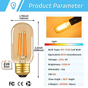 T45/T14 Dimmable E26 Led Tube Edison Light Bulb ,1W(10W Equivalent) ,AC120V Warm White 2200K 6W 600LM Amber Type T Light Bulbs for Piano Light Bulb,Curio Cabinet, Lamp,Celling Fan,Sconce,Pack of 2