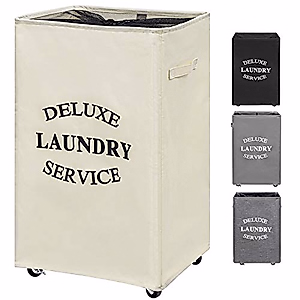 ZERO JET LAG 90L Large Slim Rolling On Wheels Laundry Hamper Basket Tall Dirty Clothes Hamper Clothes Storage Basket Standable Corner Handy Bin Hamper Basket 12x16x26" (Beige)