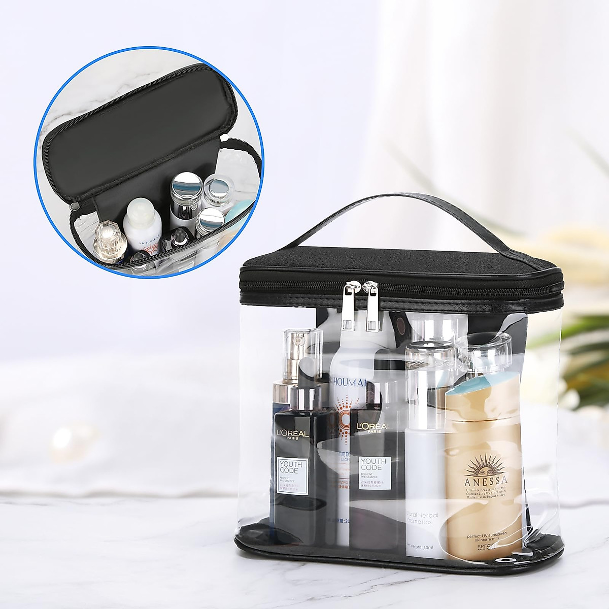 HAOGUAGUA Heavy Duty Leak Proof Clear Travel Bags for Toiletries, Transparent Makeup Cosmetic Bag with Zipper and Handle (Large, Black)