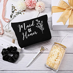 Umigy Bridesmaid Maid of Honor Glass Cup Gift Box Set of 5 Glass Cup with Lid Makeup Bag Scrunchies Hair Tie Diamond Ballpoint Proposal Gift with Raffia for Wedding (Black, White)