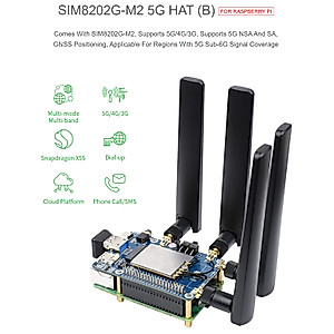 Coolwell SIM8202G-M2 5G HAT for Raspberry Pi/Ardui, Quad Antennas Support 5G NSA and SA Networking, 5G/4G/3G Compatible, Multi-Mode & Multi-Band