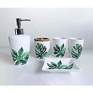 Green Tropical Bathroom Accessory Sets Sturdy Housewarming Gift 5 Pieces Ceramic Bath Accessories Collection Set Palm Tree Decor Toothbrush Holder Lotion Dispenser Soap Dish Tumbler (Green Tropical)