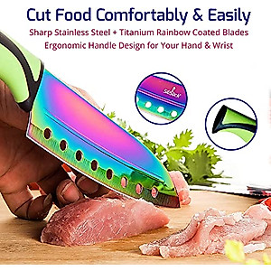 SiliSlick Kitchen Knife Set, Titanium Coated Stainless Steel Colorful Blades, Chef, Bread, Santoku Utility & Paring Knives, Magnetic Mounting Rack & Portable Sharpener