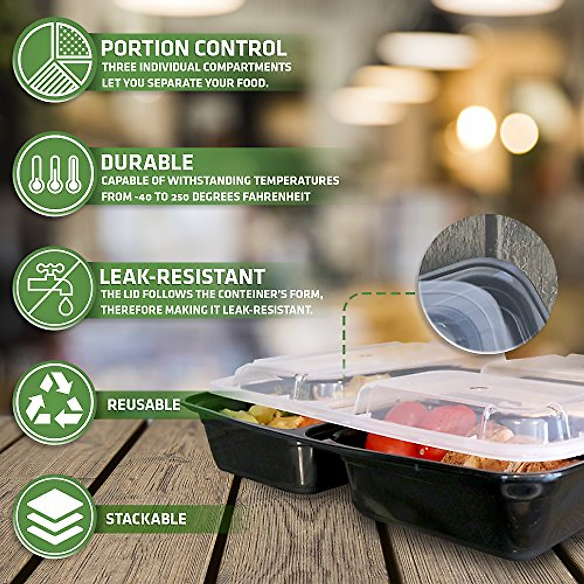 Prep Container Chef [15 Pack] 3 Compartment Bento Lunch Box. Reusable 32oz Food Storage portion Control Meal Prep Containers, Stackable, Microwave/Dishwasher/Freezer Safe. Weight Loss & Keto Diet.