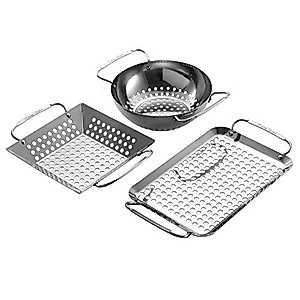 Extreme Salmon 3-Piece Mini Small Grill Topper Set, Heavy Duty Stainless Steel BBQ Grill Wok Grill Basket Grill Pan Set Grill Accessories Perfect for Grilling Vegetable, Diced Meat, Seafood and More