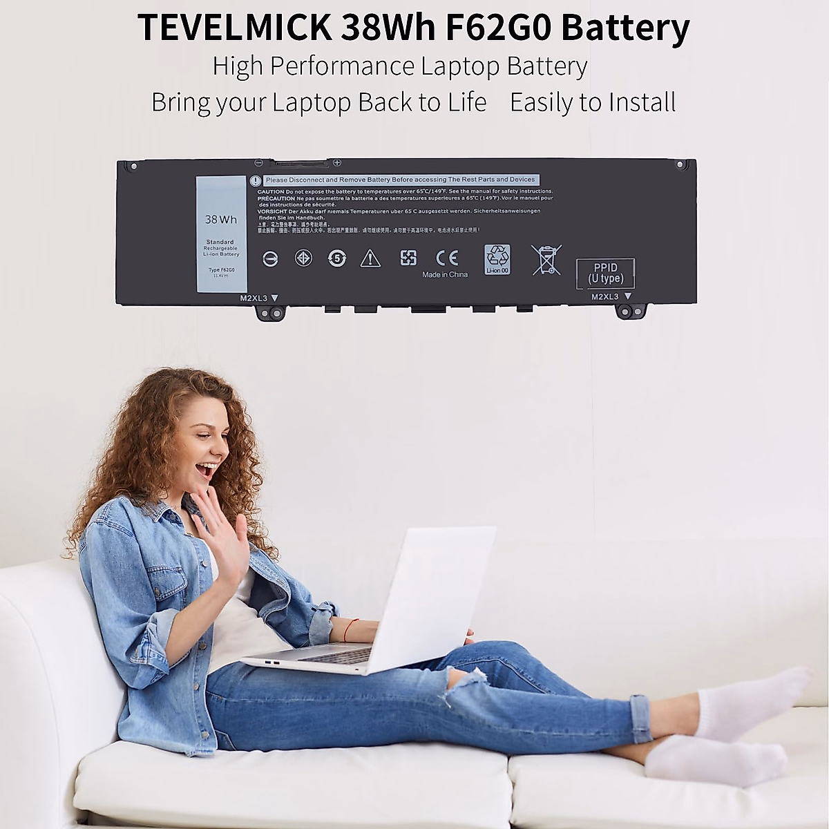 38Wh F62G0 F62GO Battery Replacement for Dell Inspiron 13 7000 7373 7386 2-in-1 7370 7380 5370 13-7380-D1605P 13MF PRO-D5501TS Vostro 13 5370 P83G001 P83G002 P87G001 P91G001 39DY5 RPJC3 0RPJC3, 11.4V