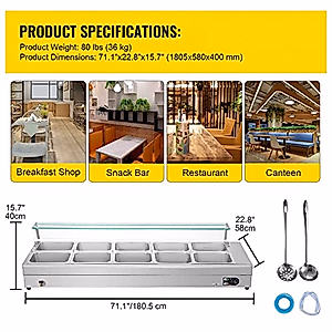 Commercial Food Warmer Bain Marie with Glass Shield - 10 Pan x 1/2 GN, 6-Inch Deep, 1500W Electric Countertop Food Warmer