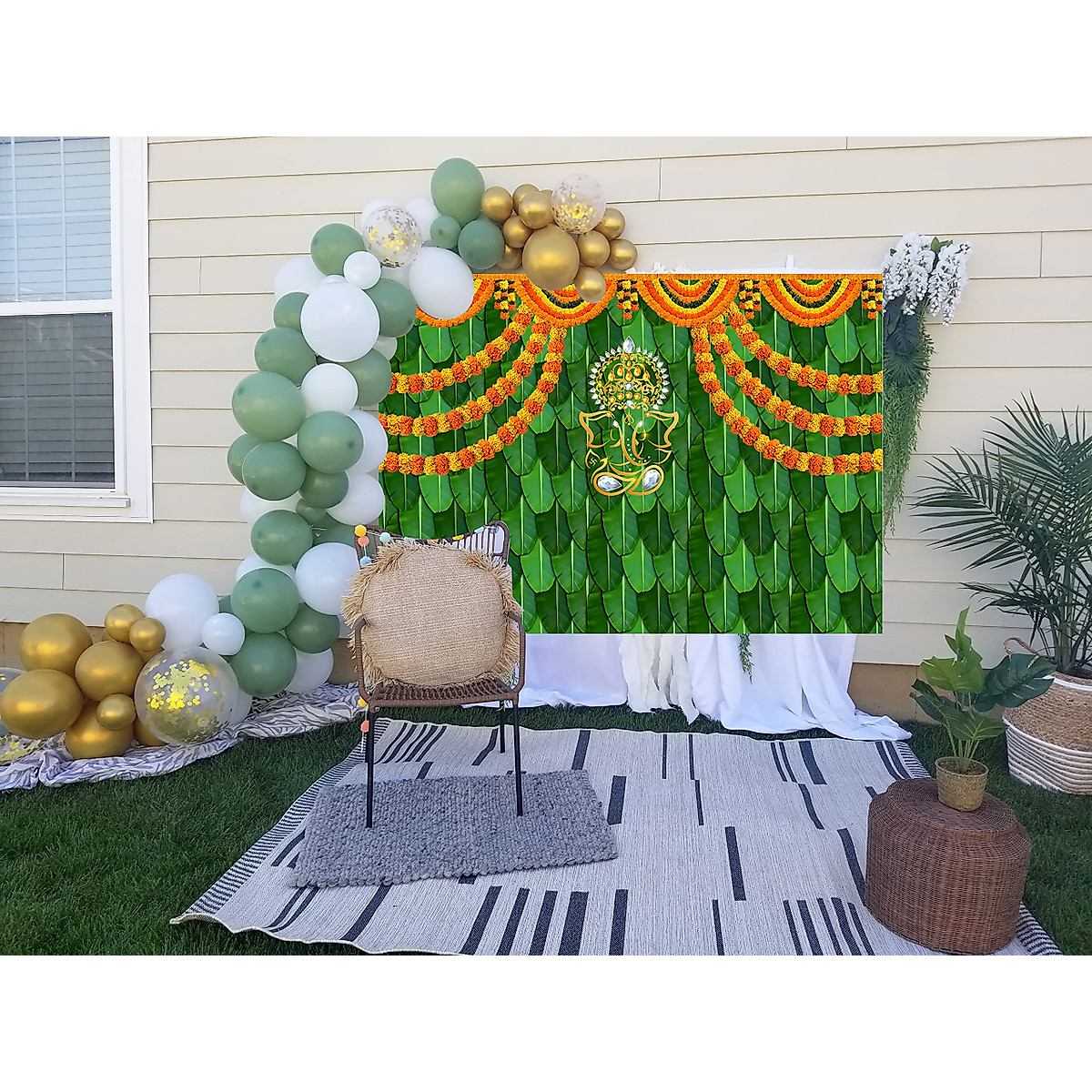 India Pooja Traditional Backdrop for Photography Marigold Green Banana Leaf Chatiya Ganesh Traditional Festival Background Puja Ganpati Wedding Party Decorations Photo Props (7x5FT)