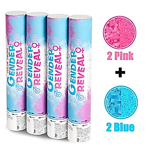 PFXNJDEQ Gender Reveal Confetti Powder Cannon, 2 Blue and 2 Pink, 12 Inch, 100% Biodegradable Powder and Confetti, Gender Reveal Decorations, Gender Reveal Party Game Ideas (Blue and Pink)