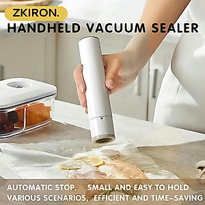 ZKIRON OneTouch Handheld Vacuum Sealer Machine, 5 PCS Reusable Bags Food Storage Set- Auto Start/Stop, Portable Design, Food Sealer for Food Saver, Sous Vide Cooking (White)