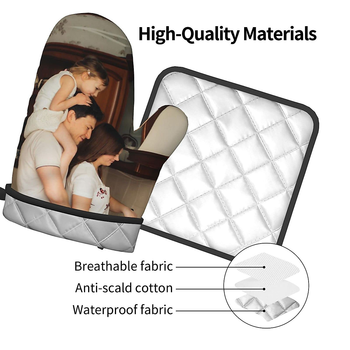 Custom Oven Mitts and Pot Holders Sets with Image Text Personalized Heat Resistance Cooking Gloves & Pot Cover Kitchen Gifts for Men Women Cooking Baking BBQ Grilling