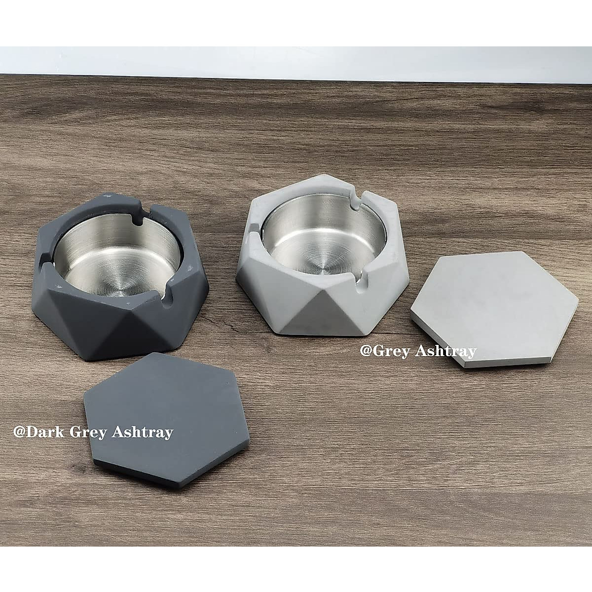 FREELOVE Concrete Ashtray with Lid & Stainless Steel Ashtrays for Cigarettes, Cement Ash Tray Weed Smoking Holder Indoor Smokeless Outdoor Windproof Patio Home Office Cool Decor, Dark Grey A