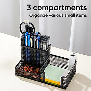 deli Mesh Desk Organizer Office Supplies Caddy with Pencil Holder and Storage Baskets for Desktop Accessories, 3 Compartments, Black