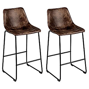 COSTWAY Set of 4 Bar Stool, Vintage Faux Suede Bar Stools, with Metal Legs, Back and Footrest, Upholstered Stool Chairs for Home Kitchen, Pub (Grey, 4)