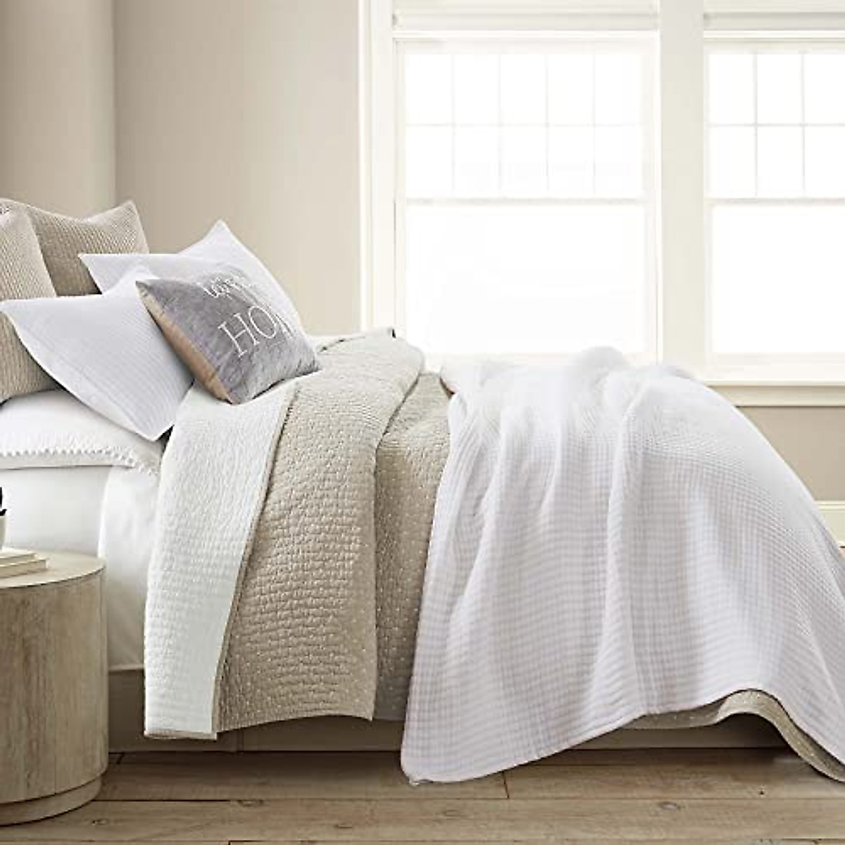 Levtex Home - Cross Stitch Quilt Set - 100% Cotton - Full/Queen Quilt (88x92in.) + 2 Standard Shams (26x20in.) - Taupe Quilt with White Contrast Stitching
