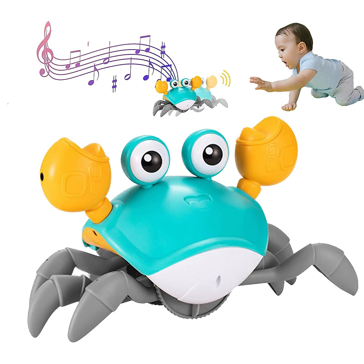 DASDSA Crawling Sensory Tummy time Toys for 1 Year Old boy Girl,Walking Crab Baby Toys Moving Dancing with Music and Light,Avoid Obstacles, Interactive Development