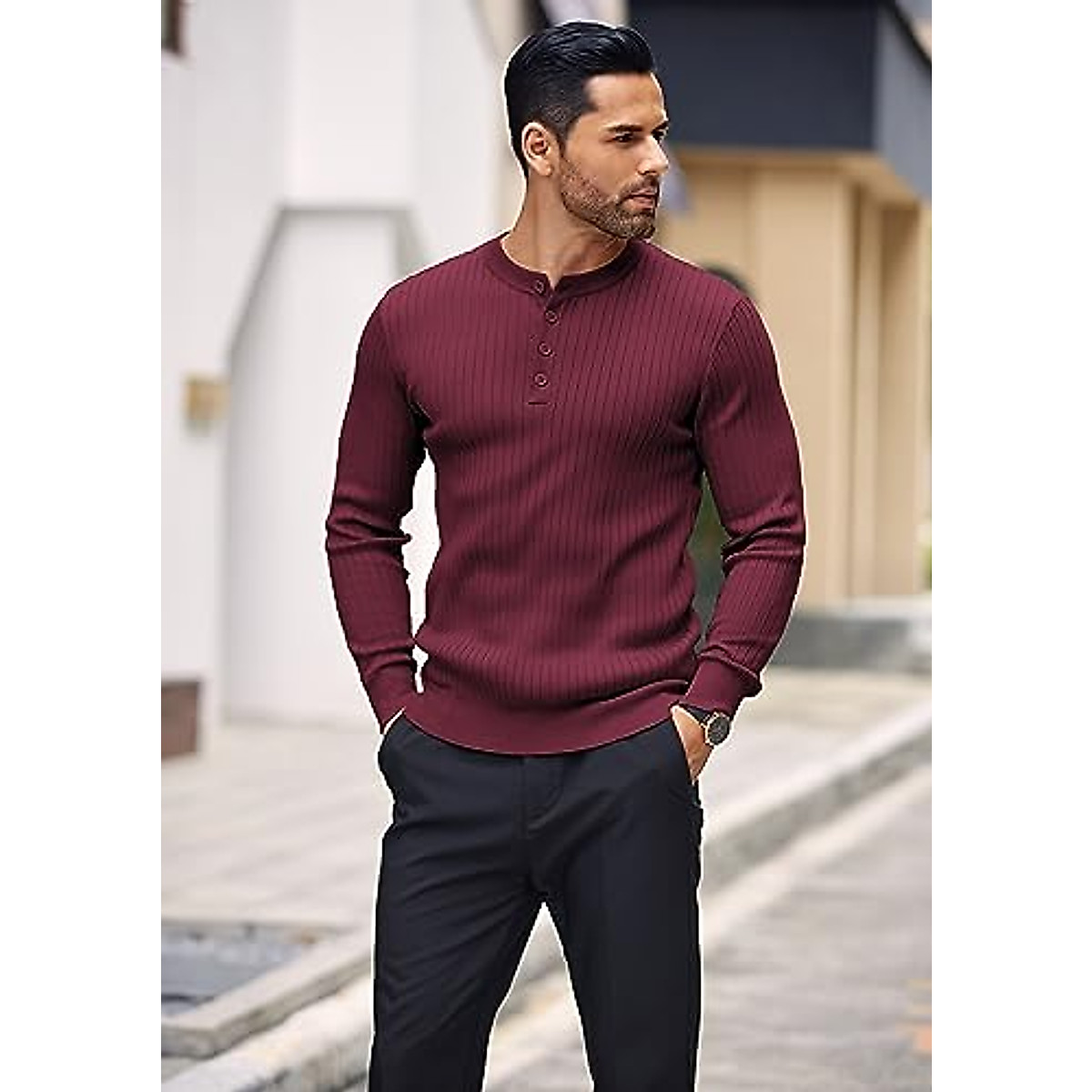 COOFANDY Men's Henley Sweaters Lightweight Casual Knit Sweaters Ribbed Crewneck Pullover Long Sleeve Tops Wine Red
