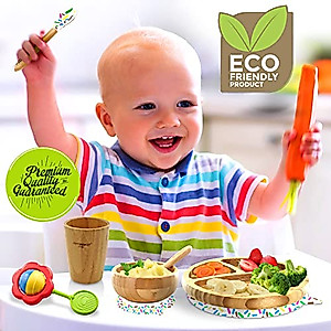 Baby Bamboo Dinnerware Set - 3 Partition Wooden Toddler Plate, Bowl, Cup & Spoon w/ Silicone Suction Base for Stay Put Feeding, BPA-Free, Hypoallergenic, For Children Aged 4-72 Mo. (Sparkle)