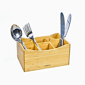 APRTAT Bamboo Flatware Utensil Caddy,Utensil Holder For Outdoor Picnic, Kitchen Storage-Holds Silverware, Forks, Knives, Spoons And Other Utensils | Size-8.03 L x 5.43 W X 4.73 H in