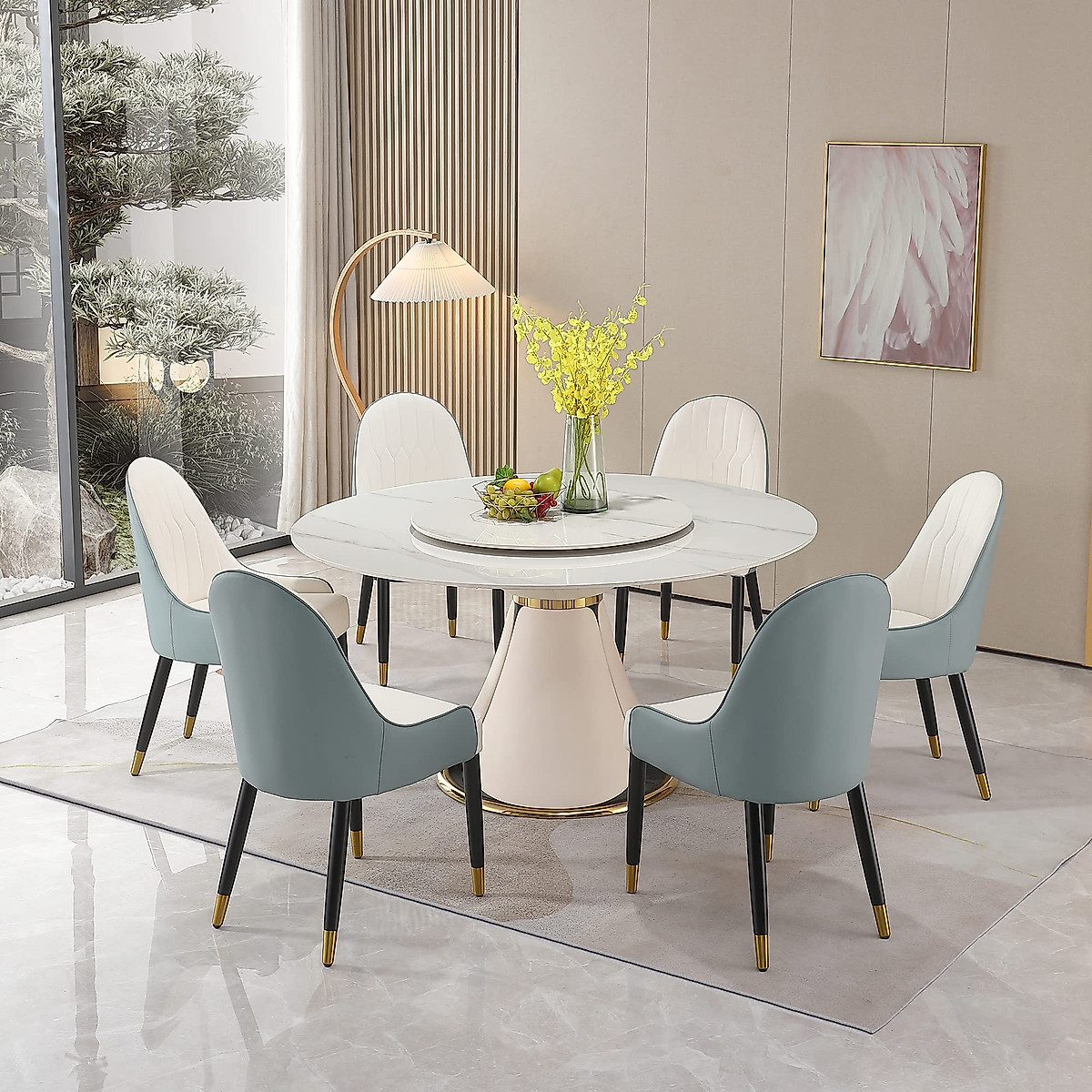 Voohek, Beige 9-Piece Modern Dining Room Set, with 8 Upholstered Chairs, Sintered Stone Table w/Round Turntable and Metal Exquisite Pedestal, Family Furniture for Home, Kitchen