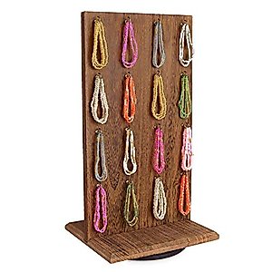 Ikee Design Wooden Rotating Two-Sided Jewelry Display Stand, Rotating Organizer with 32 Hooks for Store, Home Decoration, Brown Color, 9" W x 7 1/2" D x 16 1/2" H