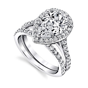 3CT Teardrop Pear Shape Solitaire AAA CZ Engagement Ring Bridal Set in 2 piece Sterling Silver 925