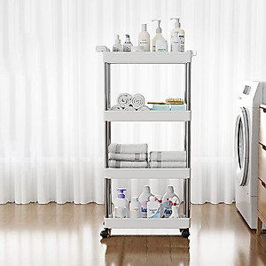 4 Tier Slim Rolling Storage Cart,Laundry Room Organization Rolling Utility Cart Slide Out Storage Shelves Mobile Shelving Unit Organizer for Office Kitchen Bathroom Laundry Narrow Places(White,Slim)