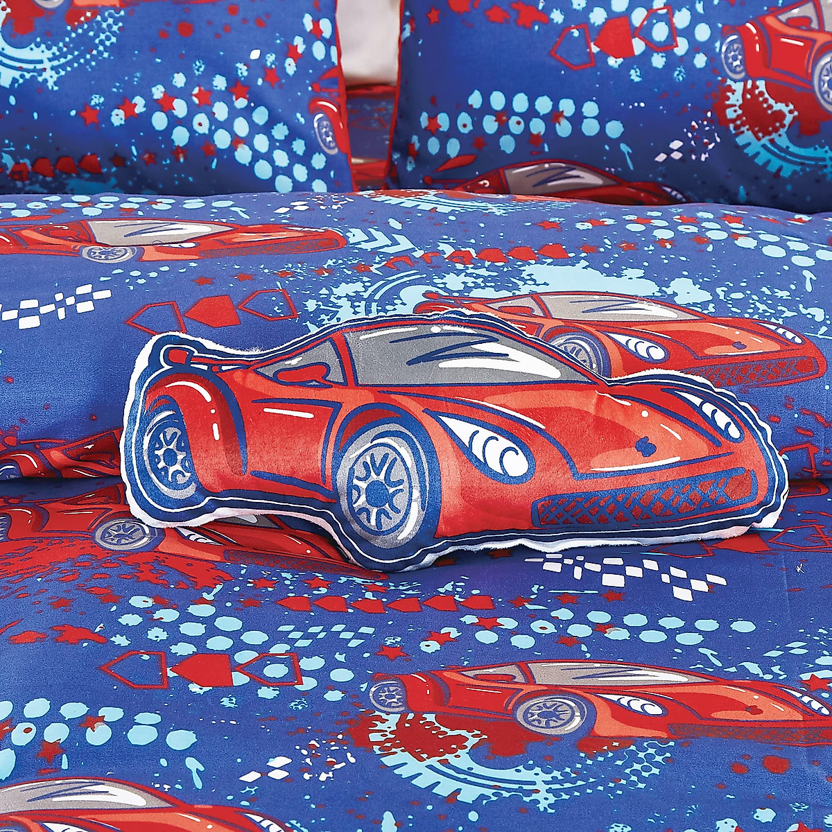 Red Race Cars print Comforter Set for Boys Girls teen, Twin size bedding for race car fan, include comforter fitted sheet, pillow sham and plush car shape pillow (Race Car Red, Twin)