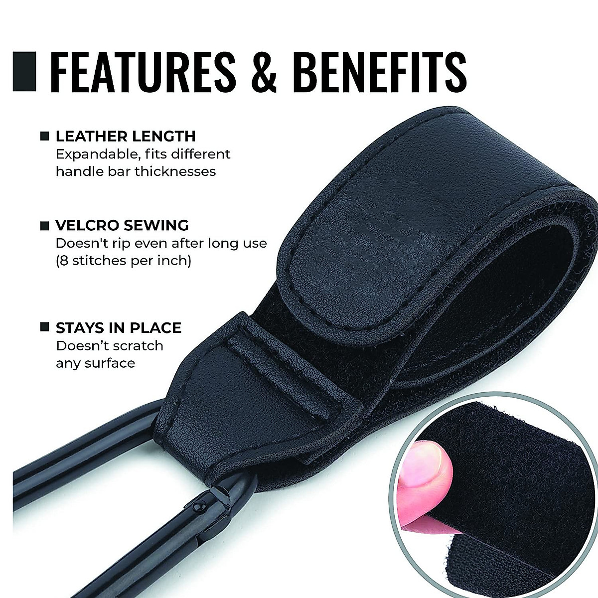 Baby Stroller Hooks,2 Pack Mommy Hook for Stroller for Hanging Diaper Bags,Purse,Stroller Organizer,Leather Stroller Hooks,Suitable for All Strollers and Trolleys Universal Stroller Clips (Black)