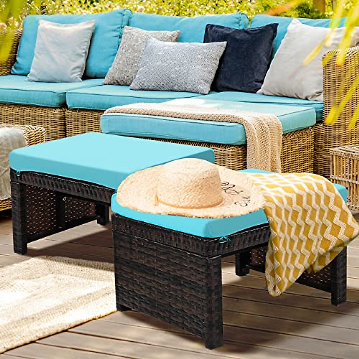 HAPPYGRILL 2 Piece Outdoor Wicker Ottomans, Patio Rattan Footstool with Cushions, Solid Steel Frame, Multifunctional Ottomans for Poolside Backyard Balcony