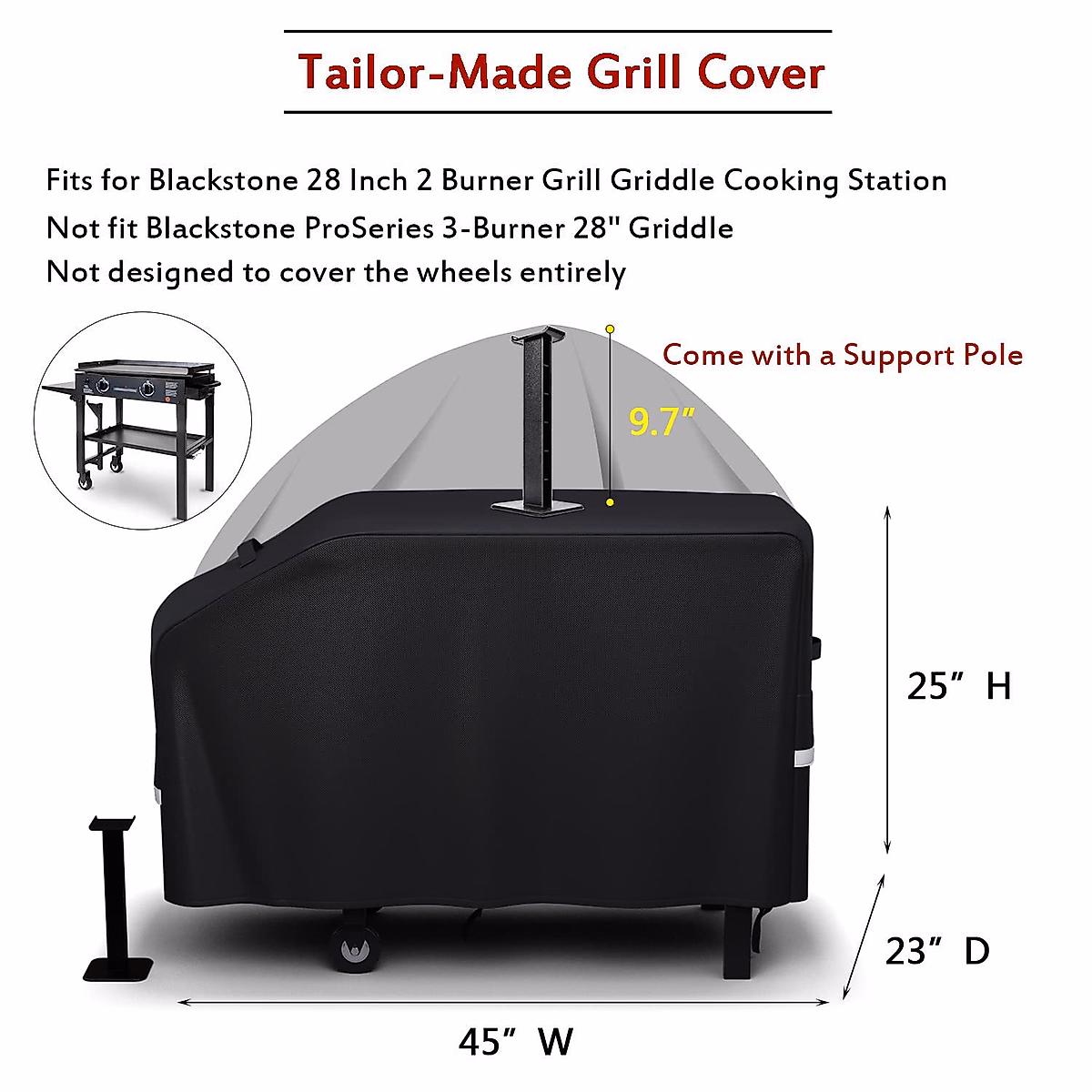 Hisencn 28 inch Griddle Cover for Blackstone 2 Burner Grill Griddle Cooking Station, Also Flat Top Gas Grill Station Adventure Ready 1517 1555 1605 1815 1819 1856 1853 with Support Pole