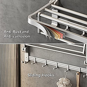 MUSTORN Towel Rack Wall Mount for Bathroom with Towel Bar and Hooks 23.6 in Foldable Towel Shelf Lavatory Towel Organizer Matte Silver