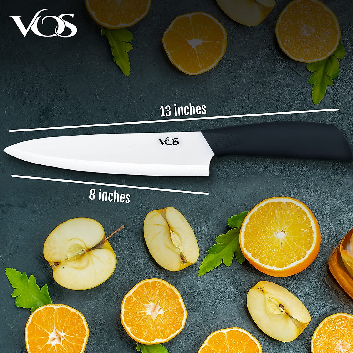 Vos Ceramic Knife 8 Inch Chef with Cover and a Gift Box - Advanced Kitchen Tool for Chefs - Sharp Plain Blade Edge for Cutting, Paring, Slicing, Dicing, Chopping - Ideal for Vegetable, Fruits (Black)