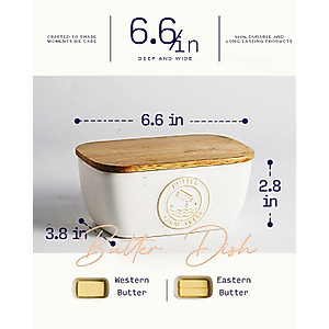 Getstar Ceramic Butter Dish with Acacia Lid for Countertop, Silicone Sealing, Farmhouse Kitchen Counter Decor, Large Butter Keeper Container (6.5”x4”)
