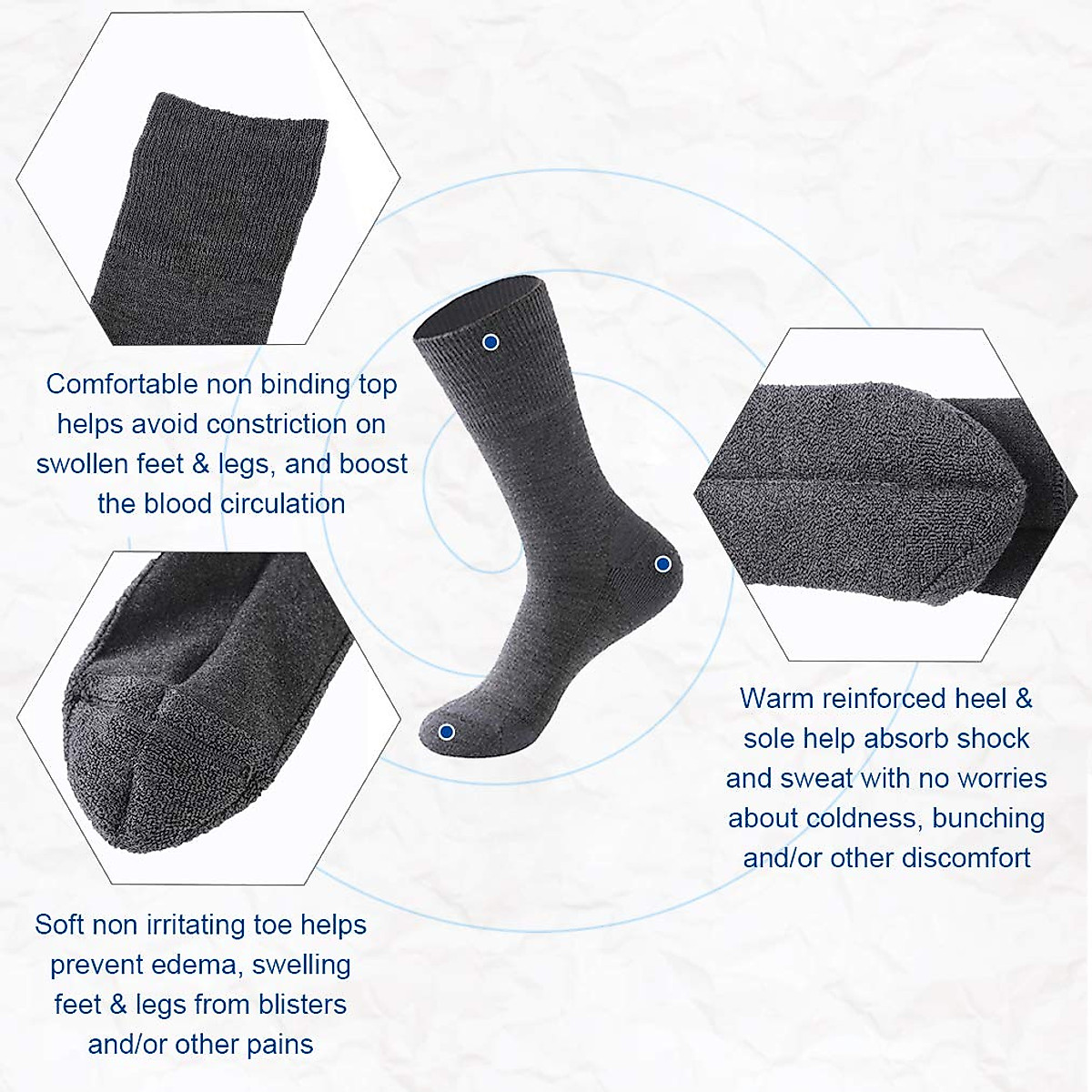 Forcool Men Women Merino Wool Diabetic Crew Non Binding Loose Top Non Blister Cushion Wide Quarter Diabetes Mid Calf Dress Socks, Medium 3 Pairs Dark Gray
