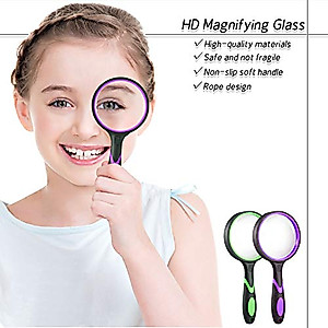 2Pcs 10X Handheld Magnifying Glass Authentic for Kids Seniors, 75MM Thickened Magnifying Lens & Non-Slip Handle with Rope Reading Magnifier for Book Reading, Hobby Observation, Science (Purple+Green)