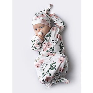 Giggle Angel Newborn Baby Sleeper Gown Knotted Gown Baby Girl Coming Home Outfits 2-Piece Gown and Hat Set 0-3 Months (pinkleaf)