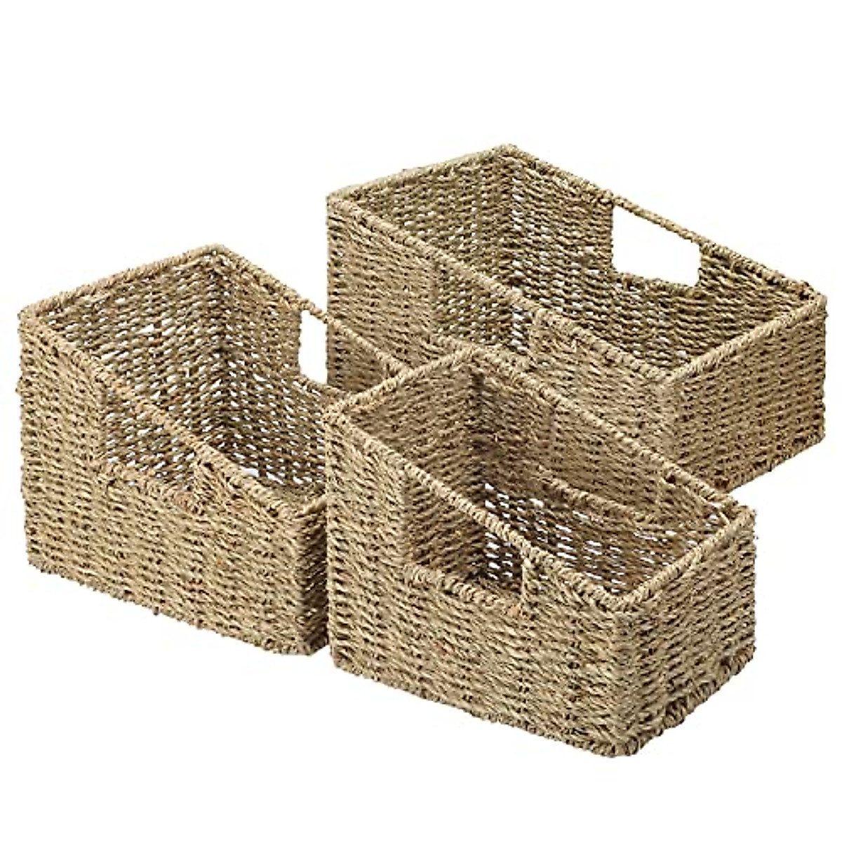 LOVSTORAGE Seagrass Wicker Storage Baskets, Hand-Woven Shelf Baskets with Handles, Nesting Wicker Basket Sets Woven Storage Baskets for Shelves, 3-Pack