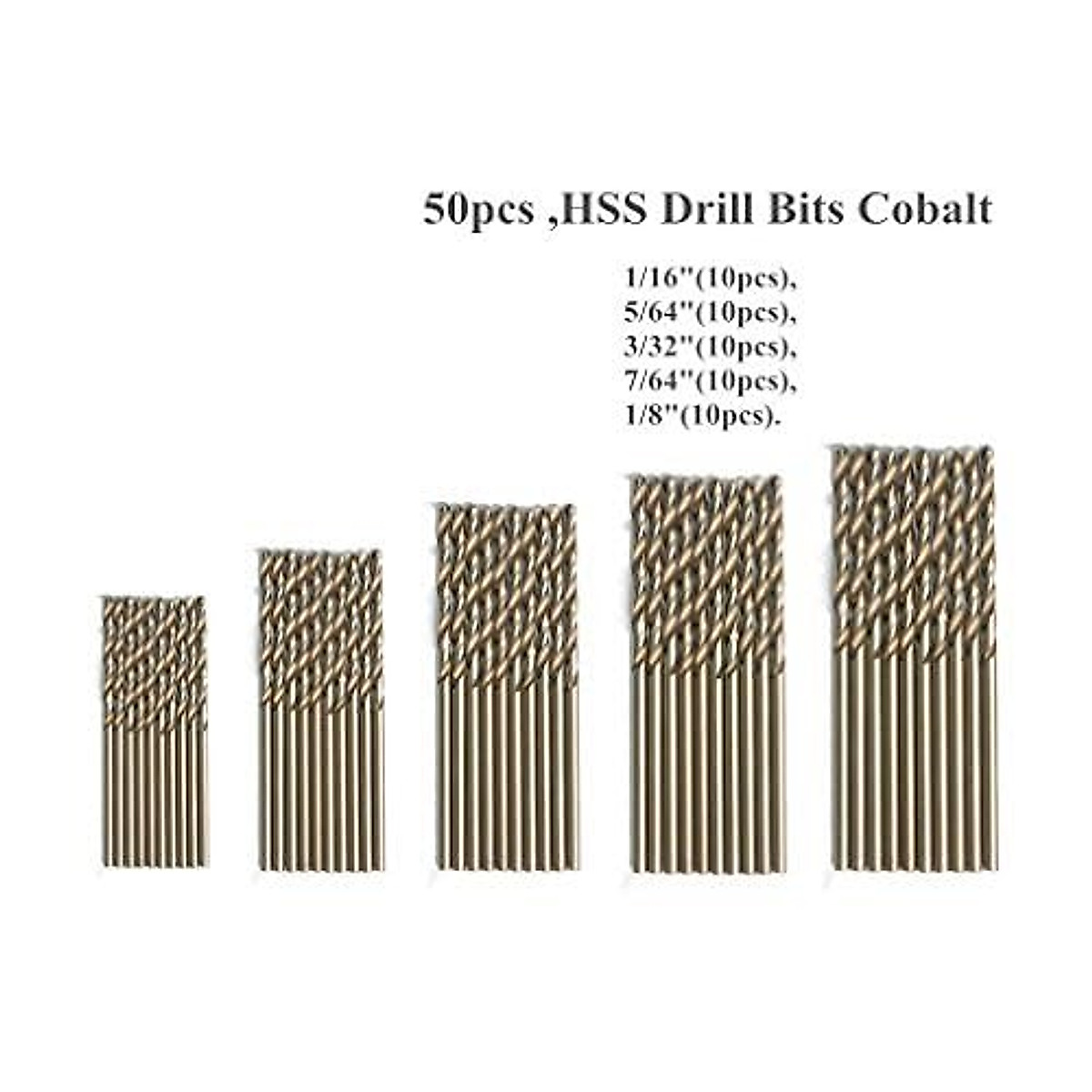 50 PCS,M35 Cobalt Twist Drill Bits, 1/16", 5/64", 3/32", 7/64", 1/8" [10pcs for Each]