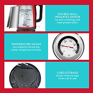 Elite Gourmet Americana EKT-1780R Retro Nostalgic Temperature Gauge Double Wall Insulated Cool Touch Electric Water Tea Kettle, BPA Free Stainless Steel Interior and Auto Shut-Off,
